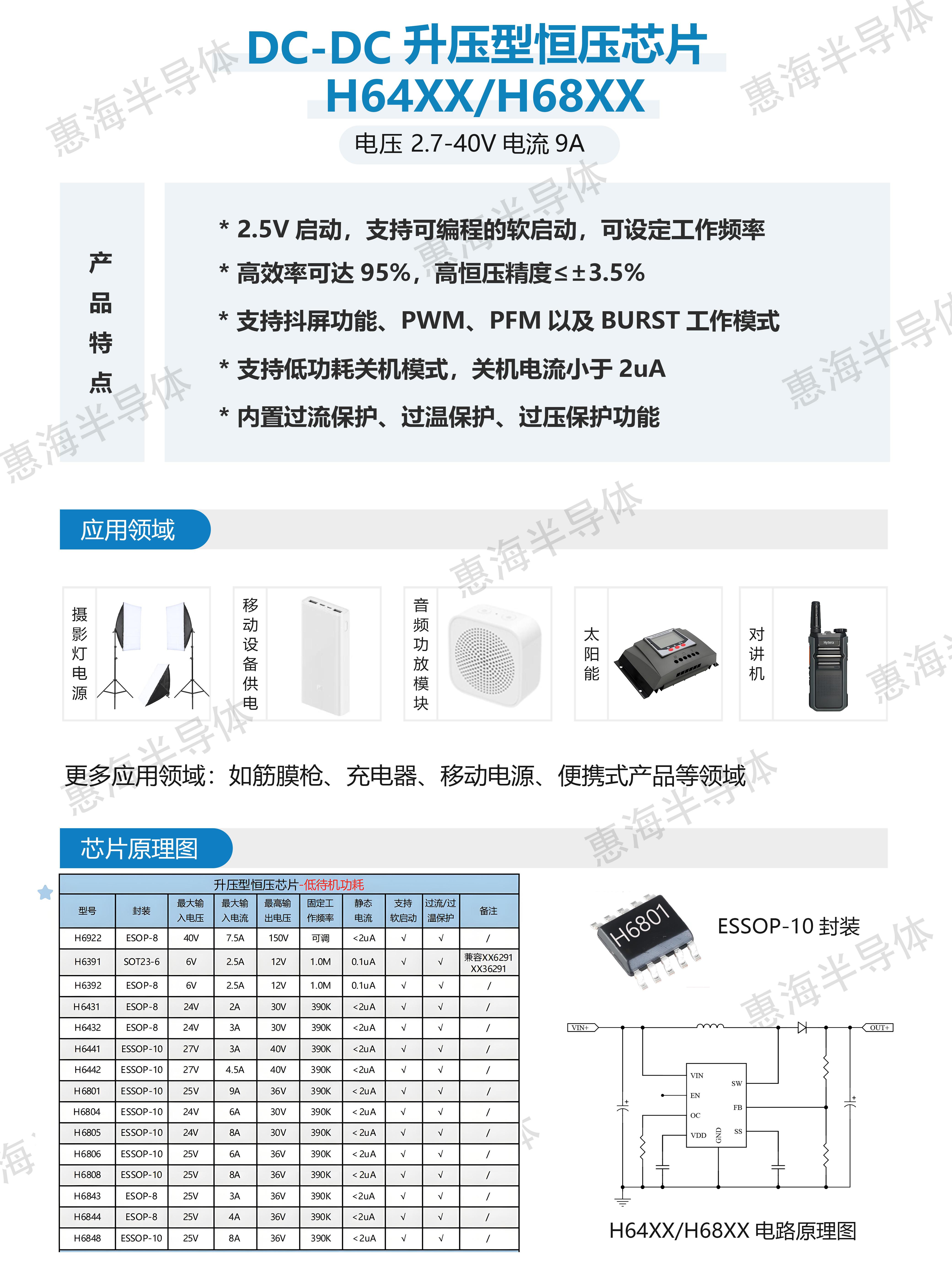 H6848芯片 智能PWM/PFM/BURSTDC-DC升压恒压芯片内置40V耐压MOS管 - 深圳市惠新晨电子有限公司
