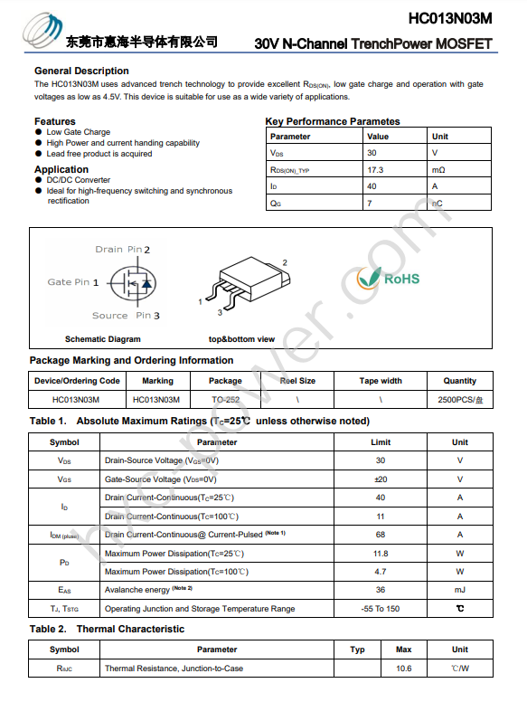 40N03 低内阻MOS管 -HC013N03M-30V40ALED灯 MOS管方案 原厂直销 性价比高 - 深圳市惠新晨电子有限公司