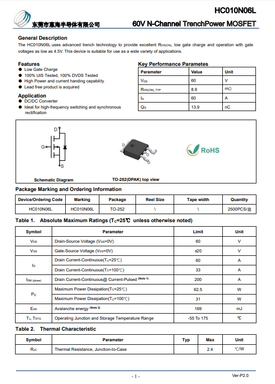 60N06 -NMOS管-HC010N06L 30V40V50V60V 60A 大电流 低内阻 原厂直销MOS管厂家 - 深圳市惠新晨电子有限公司